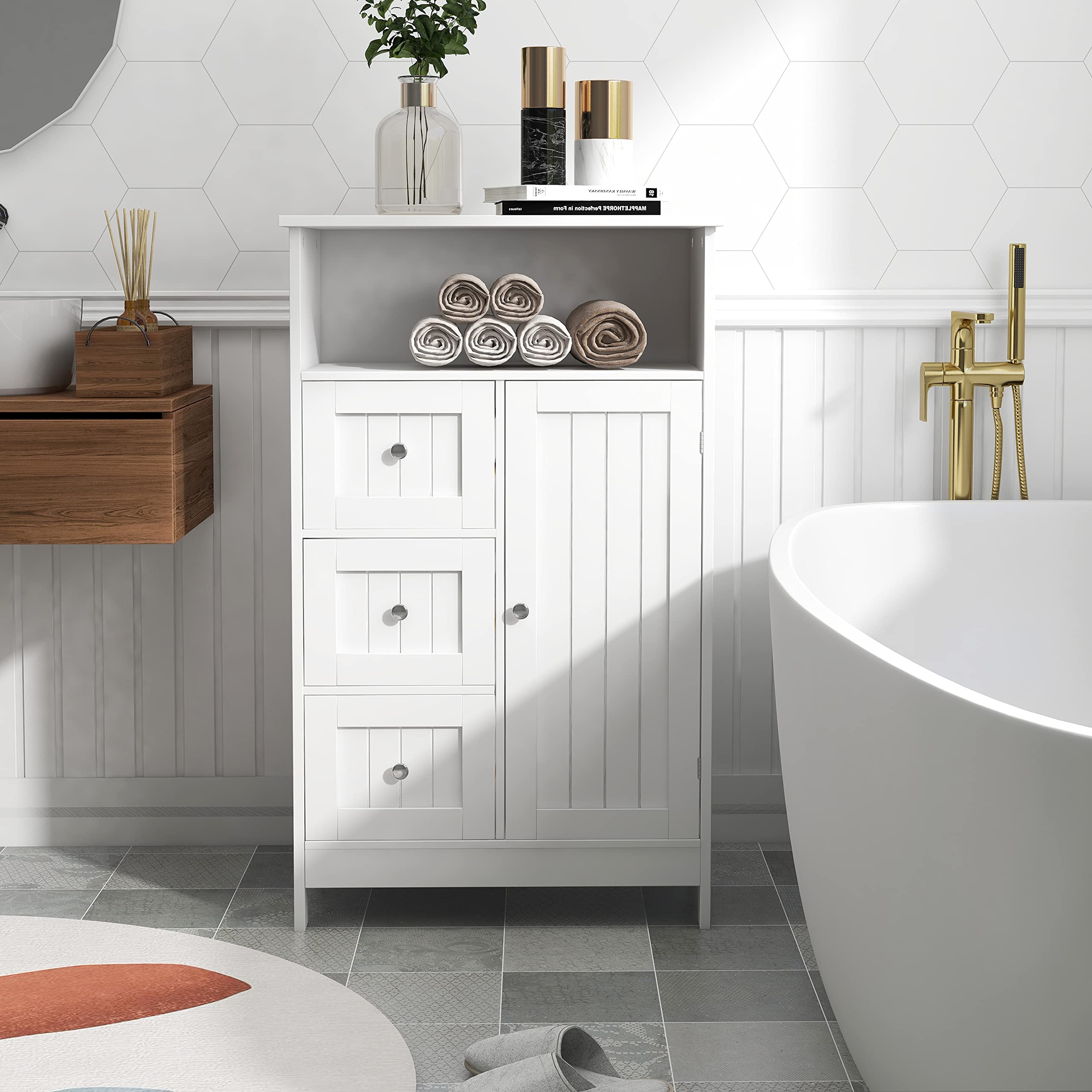 Knocbel Bathroom Floor Storage Cabinet with 3 Drawers, Open Compartment and Single Door, Free Standing Bath Organizer Unit, 23.6" W x 11.8" D x 39.6" H (White)