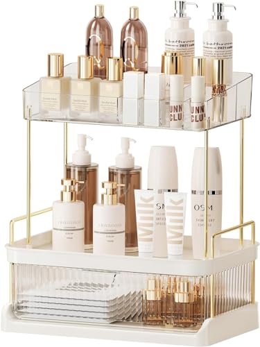 STORICANS 2-Tier 1-Drawer Bathroom Counter Organizer, Multi-Purpose Makeup Organizer Countertop, Large Skincare Organizers, Exquisite Vanity Organizer |12.5 Inch Clear
