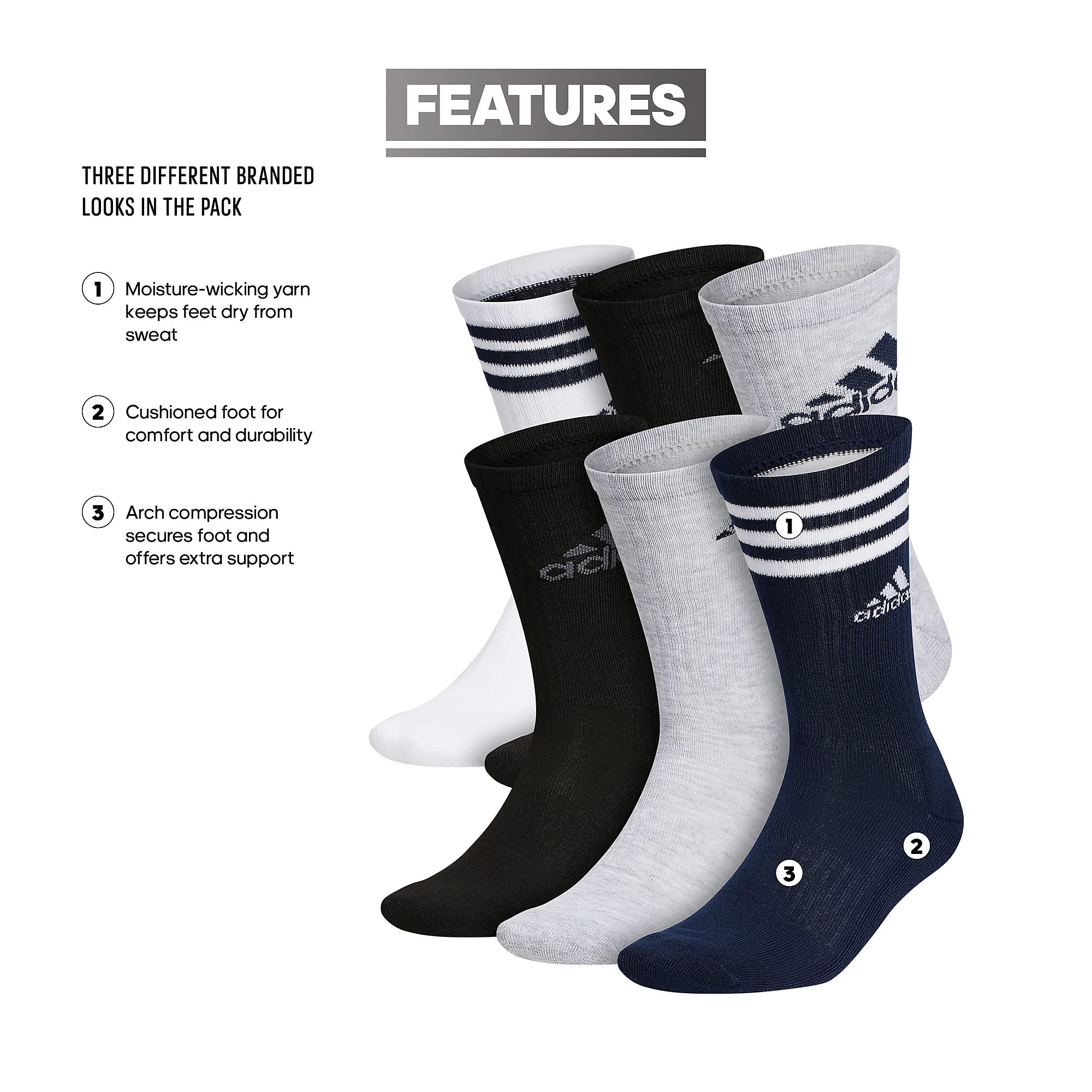 adidas Men's Athletic Cushioned Crew Socks with Arch Compression for a Secure Fit (6-Pair), Cool Light Heather/Collegiate Navy/White, Large