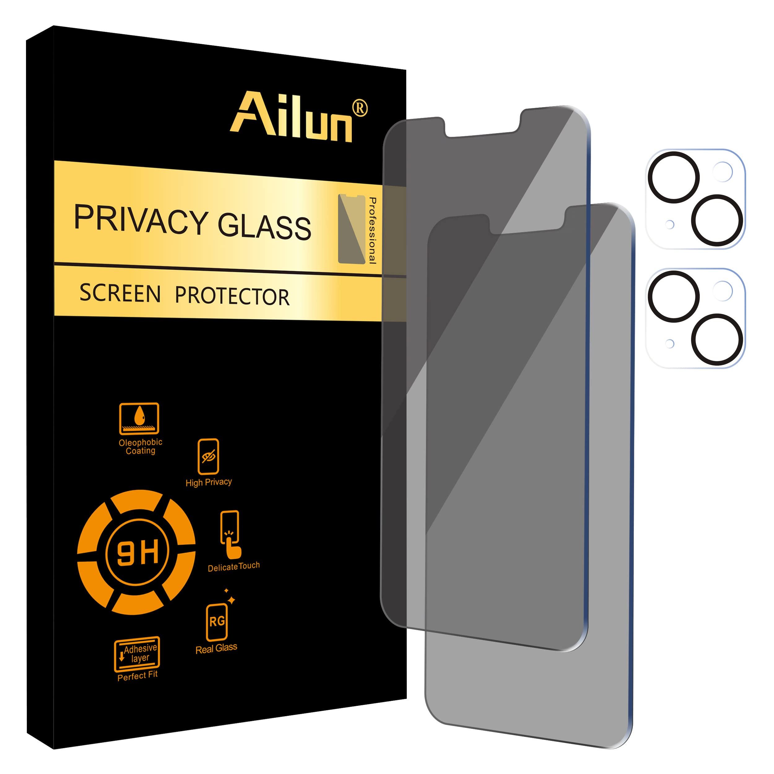 Ailun 2Pack Privacy Screen Protector for iPhone 14 Plus [6.7 inch] + 2 Pack Camera Lens Protector, Anti Spy Private Tempered Glass Film, Case Friendly, [9H Hardness] - HD [4 Pack]
