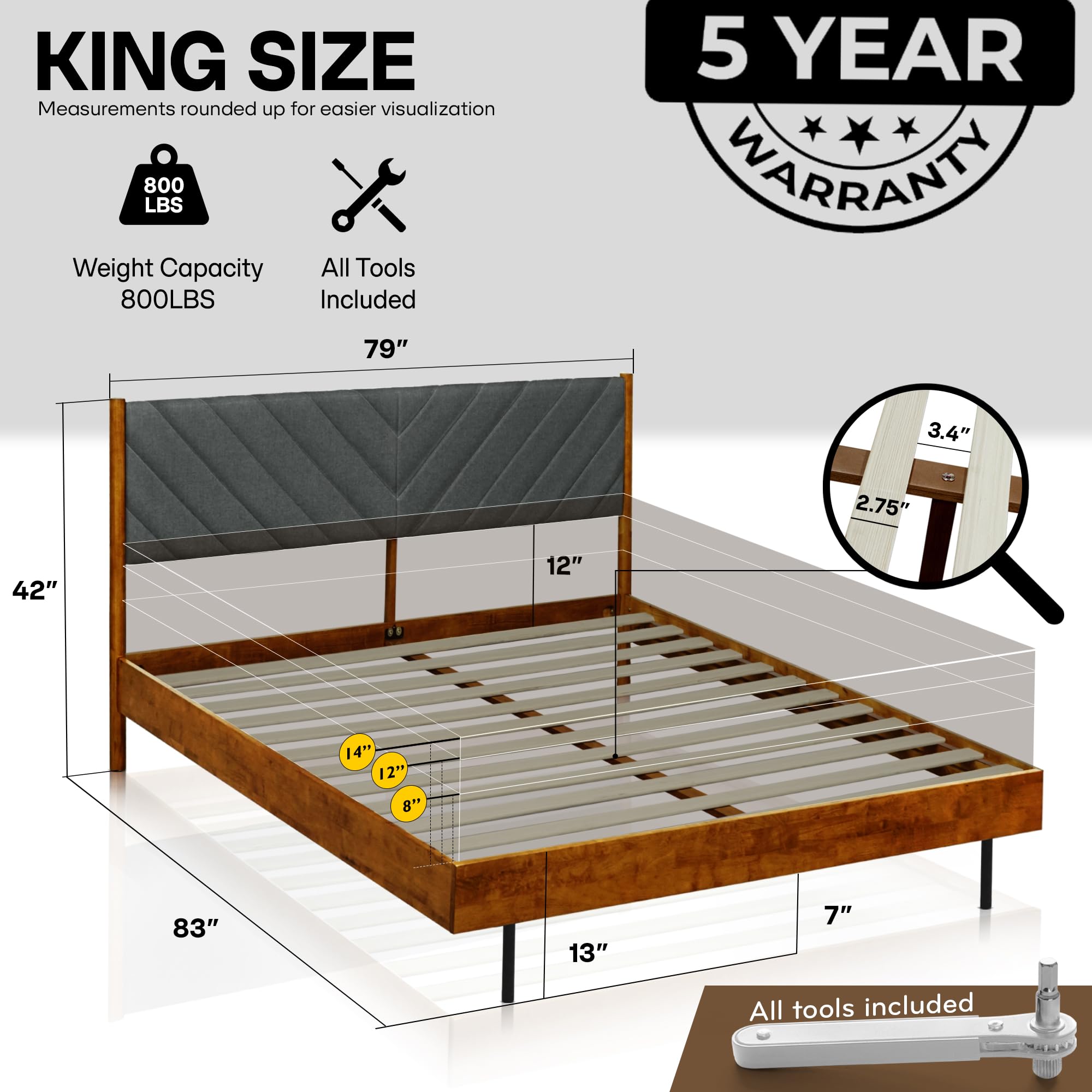 Acacia Astoria Solid Wood King Platform Bed Frame with Upholstered Headboard, Any Mattress Support, Noise-Free Slats Support, 30 Mins Assembly, Mid Century Modern Style, Walnut.