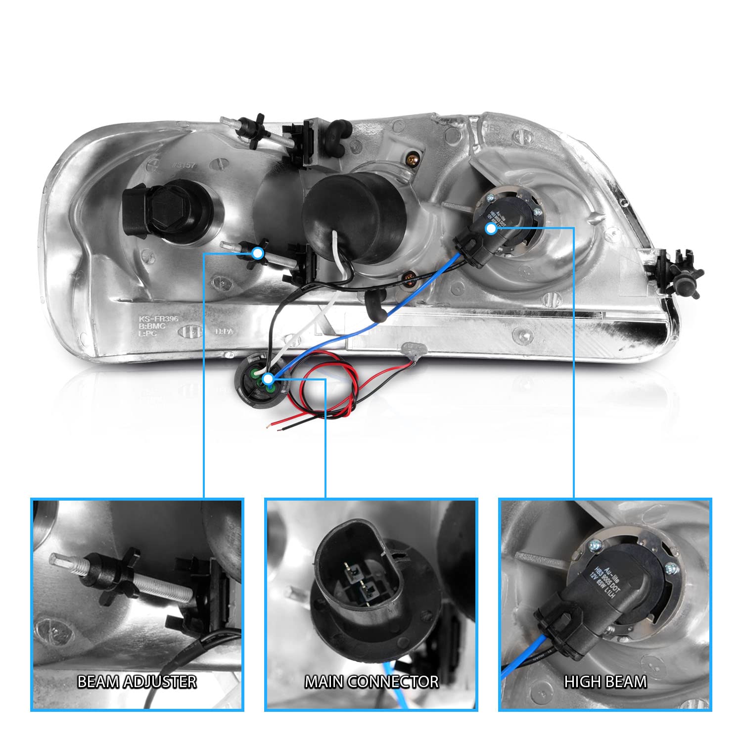 AmeriLite for 1997-2003 Ford F150 97-2002 Expedition Pickup Truck LED Tube Black Projector Replacement Headlights Set - Driver and Passenger Side