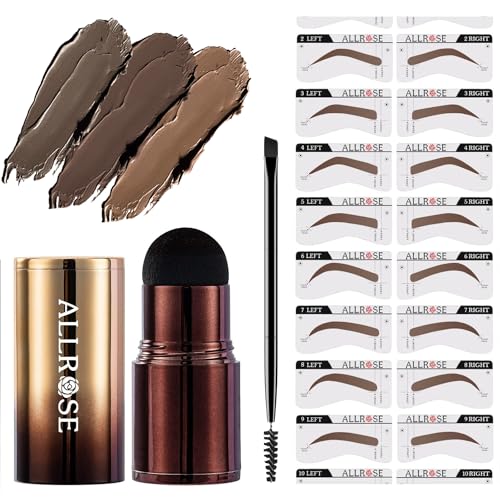 ALLROSE Eyebrow Stamp Stencil Kit - Brow Stamp Kit, One Step Eyebrow Stamp and Shaping Kit, 20 Brow Stencils and Stamp Kit, Waterproof Eye Brow Stamping Kit, Easy to Use Eyebrow Kit, Light Brown