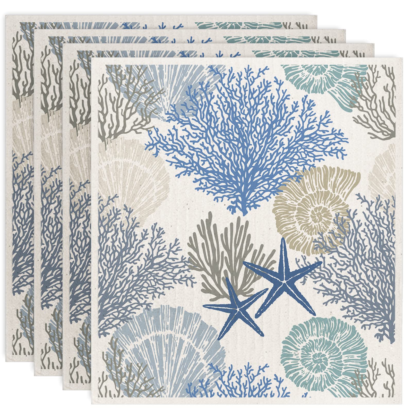 AnyDesign Ocean Swedish Kitchen Dishcloths Under The Sea Kitchen Dish Towel Reusable Seashell Starfish Coral Absorbent Cotton Dish Cloth for Summer Beach Party Cleaning Housewarming, 7 x 8, 4Pcs