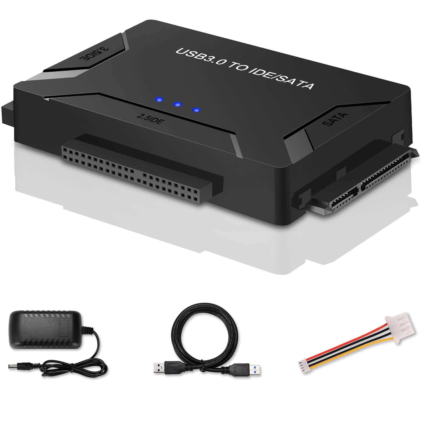 EYOOLD USB 3.0 to SATA IDE Adapter, Hard Drive Reader External Ultra Recovery Converter Compatible with 2.5" 3.5" HDD, SSD,5.25-inch DVD/CD-ROM Optical Drive Data Transfer with Power Supply