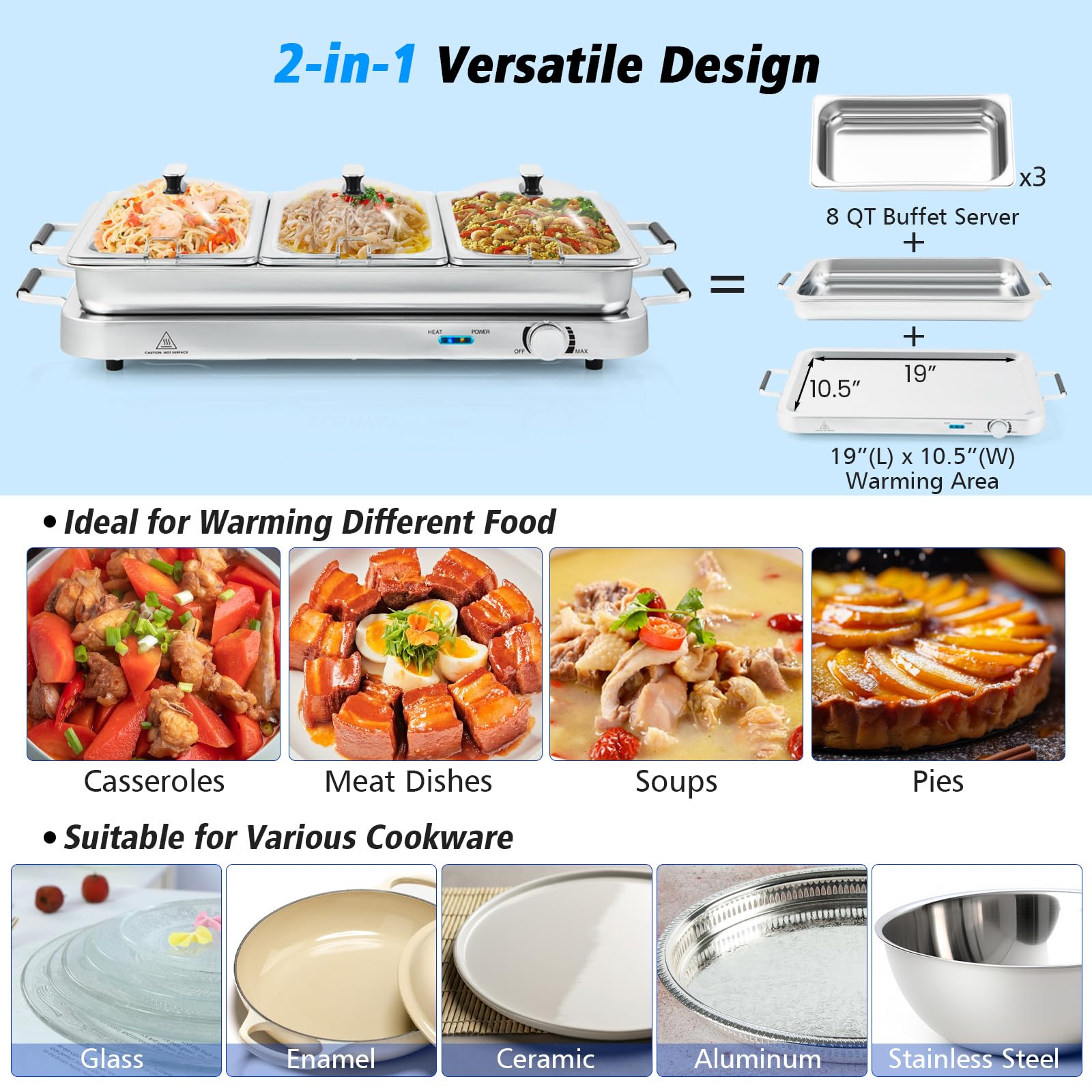 ARLIME Triple Buffet Server Food Warmer, 450W Stainless Steel Electric Warming Tray, Adjustable Temperature, Transparent Lids w/Spoon Slot, 8 QT Chafing Dish Set for Parties, Banquets, Catering