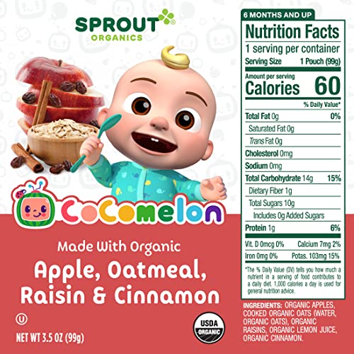 CoComelon Sprout Organic Baby Food Pouches, Apple Oatmeal Raisin with Cinnamon, 3.5 Oz Purees (Pack of 12)