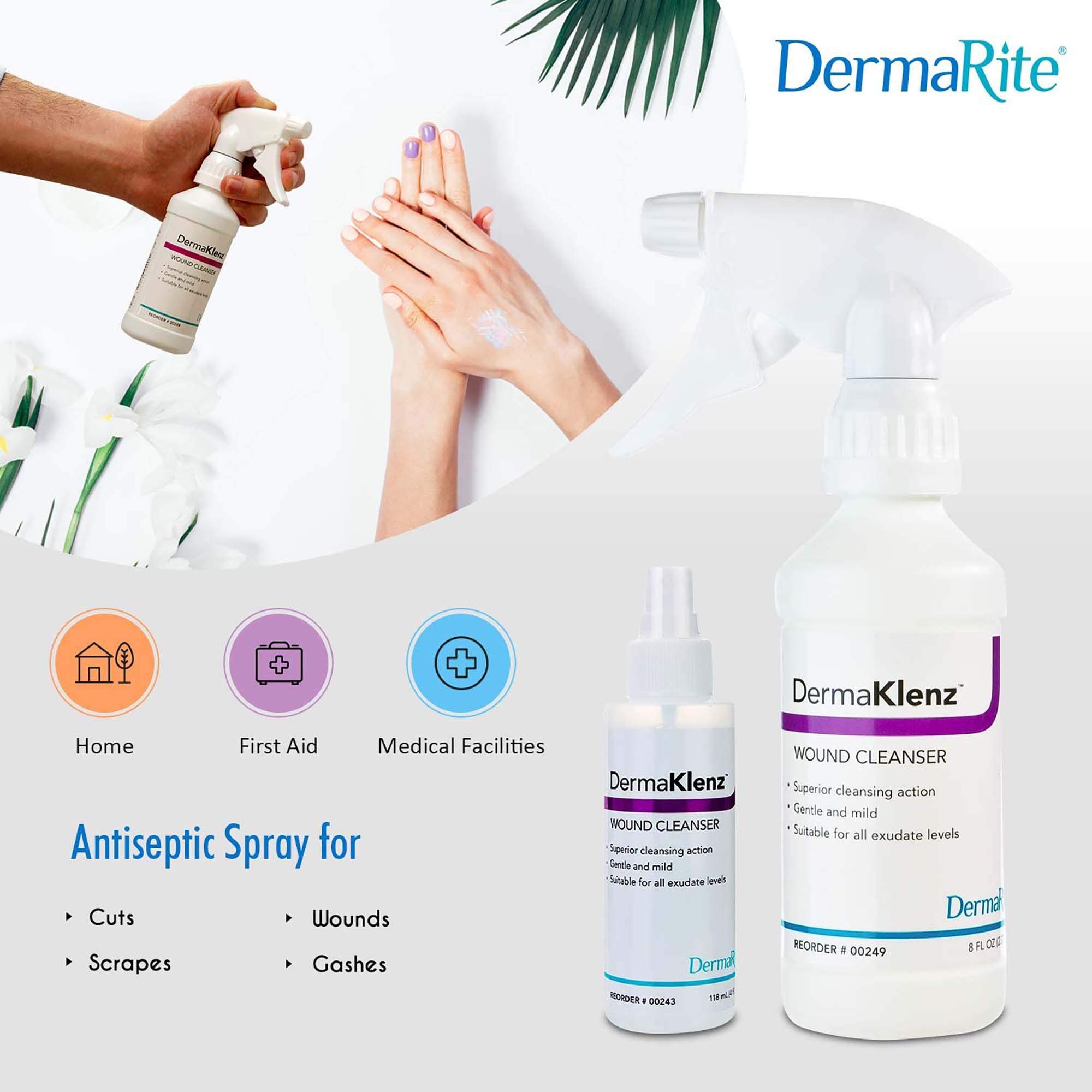 DermaRite's DermaKlenz Wound Cleanser - Rinse-Free Gentle and Mild Cleansing, Helps Clear Wound Debris - Spray Bottle, 8 oz., 1 Count