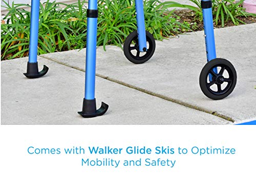 NOVA Medical Products Folding Walker with 5” Front Wheels, Glide Skis and Mobility Bag, Portable and Great for Travel, Blue