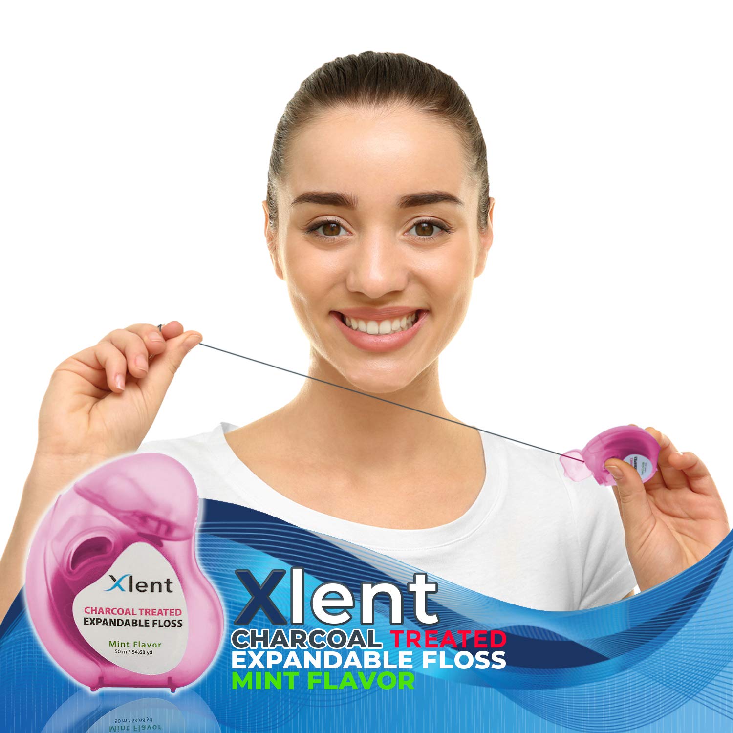 Expandable Dental Floss Treated with Activated Charcoal with Xylitol and Natural Plant Based Wax | Mint Flavor | PFAS & PTFE Free | Pack of 2 (50 m Floss Containers)