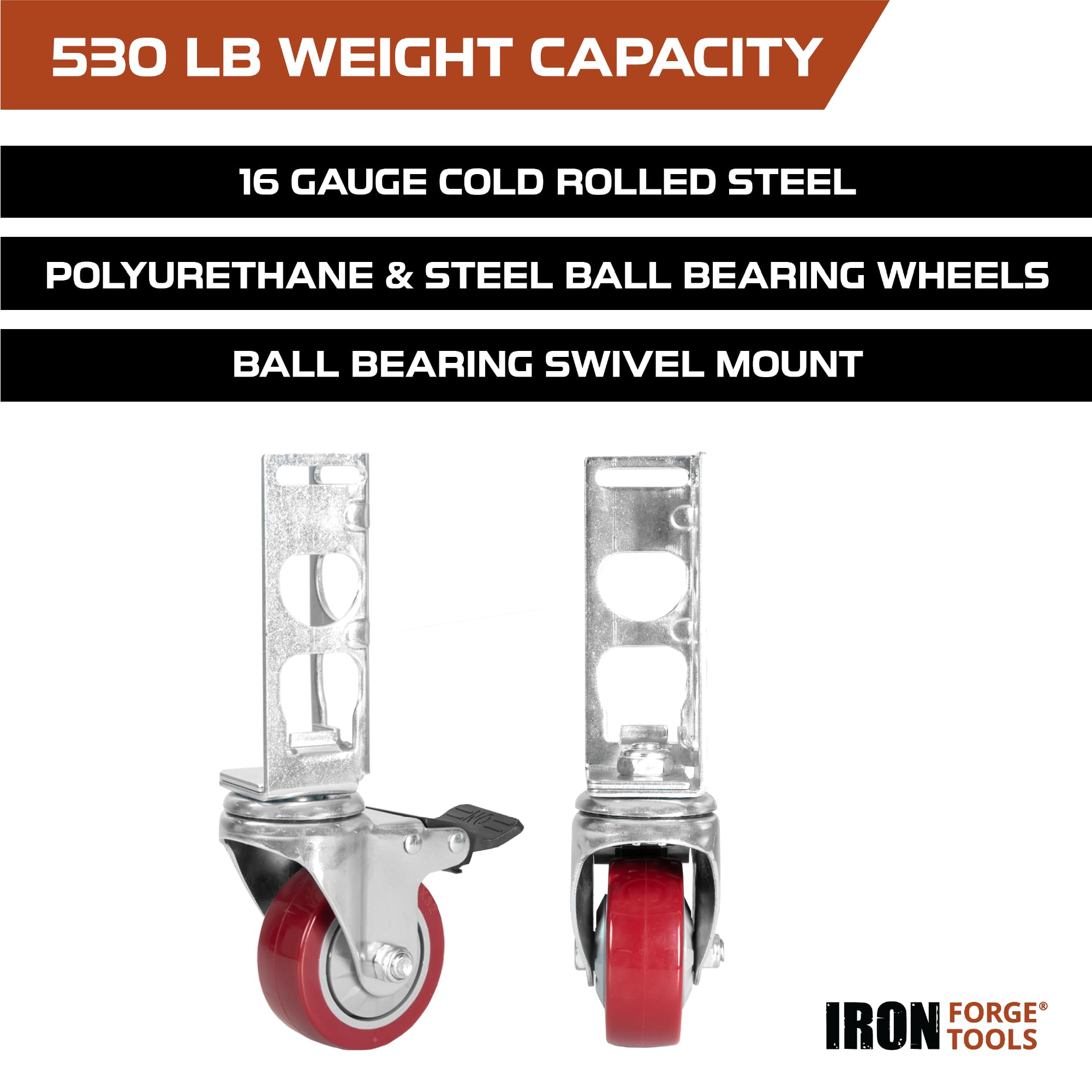 Iron Forge Tools Rolling Storage Rack Caster Wheels Heavy Duty - Set of 4 Locking Castor 3 Inch 530 lb Capacity for Boltless Self Locking Shelving Racks, Nylon and Steel Ball Bearing Wheels