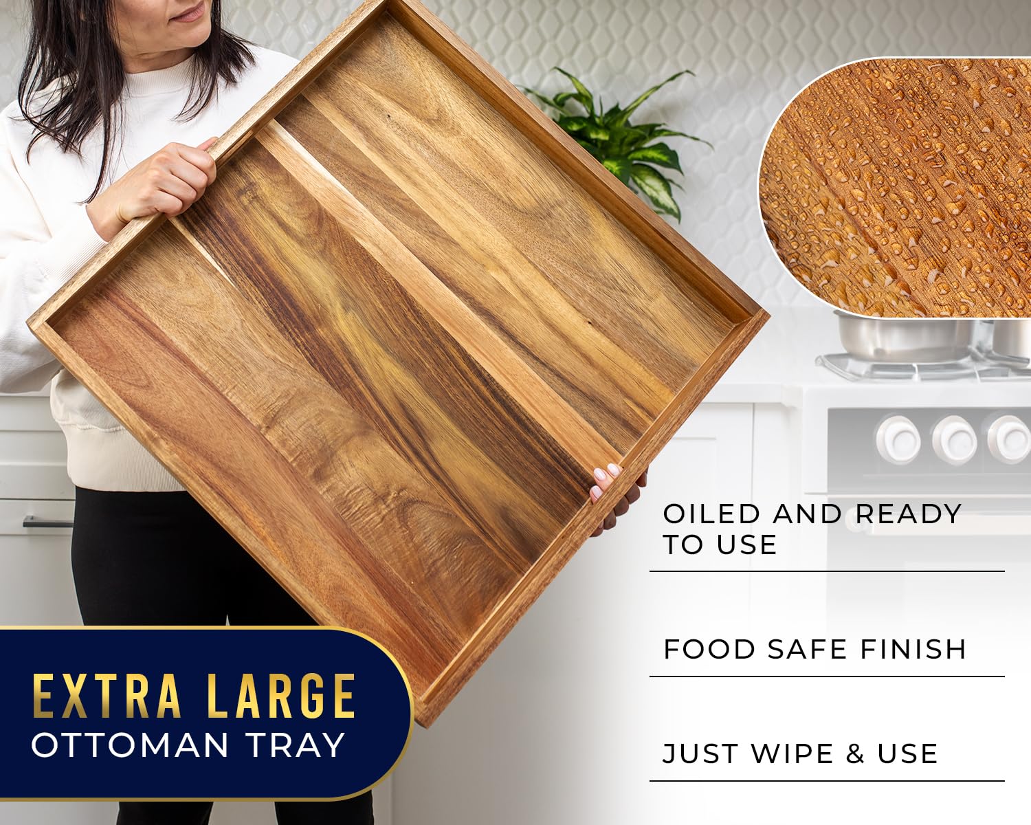 Extra Large (22") Square Premium Acacia Wood Ottoman Tray with Handles - Use for Serving Food in Style for Dinner, Breakfast, Snacks, BBQ, Entertaining Guests & More