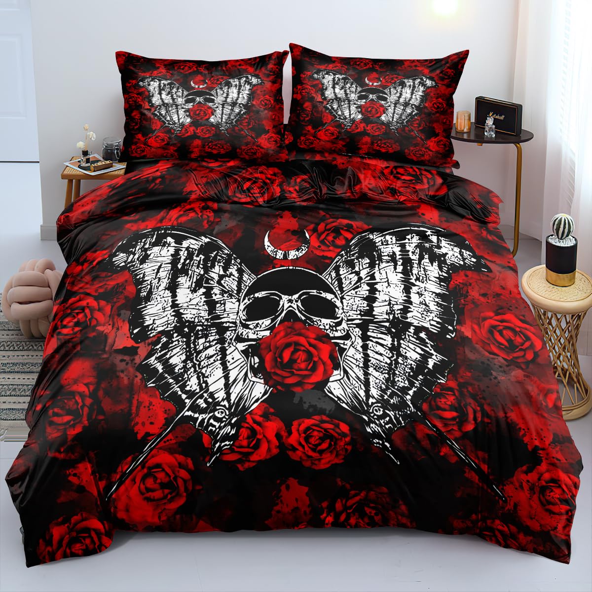 Menkala Red and Black Bedding Sets Queen Moth Duvet Cover Red Rose Bedding Black and White Floral Comforter Cover Room Decor 3Pcs for Women 3Pcs with 2 Pillowcases (Without Comforter)