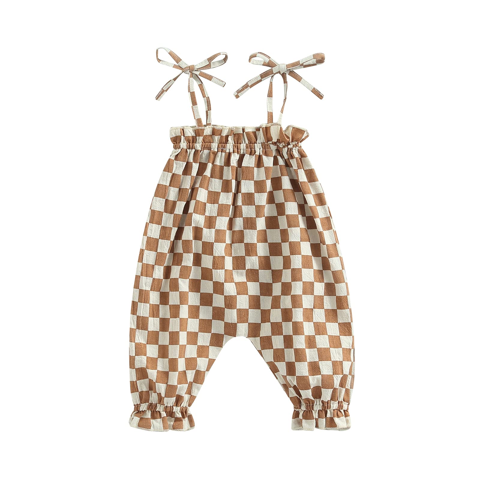 AEEMCEM Newborn Baby Girls Checkerboard Plaid Jumpsuit One Piece Sleeveless Strap Romper Jumpsuit Harem Pant Summer Outfits (Brown, 0-6 Months)