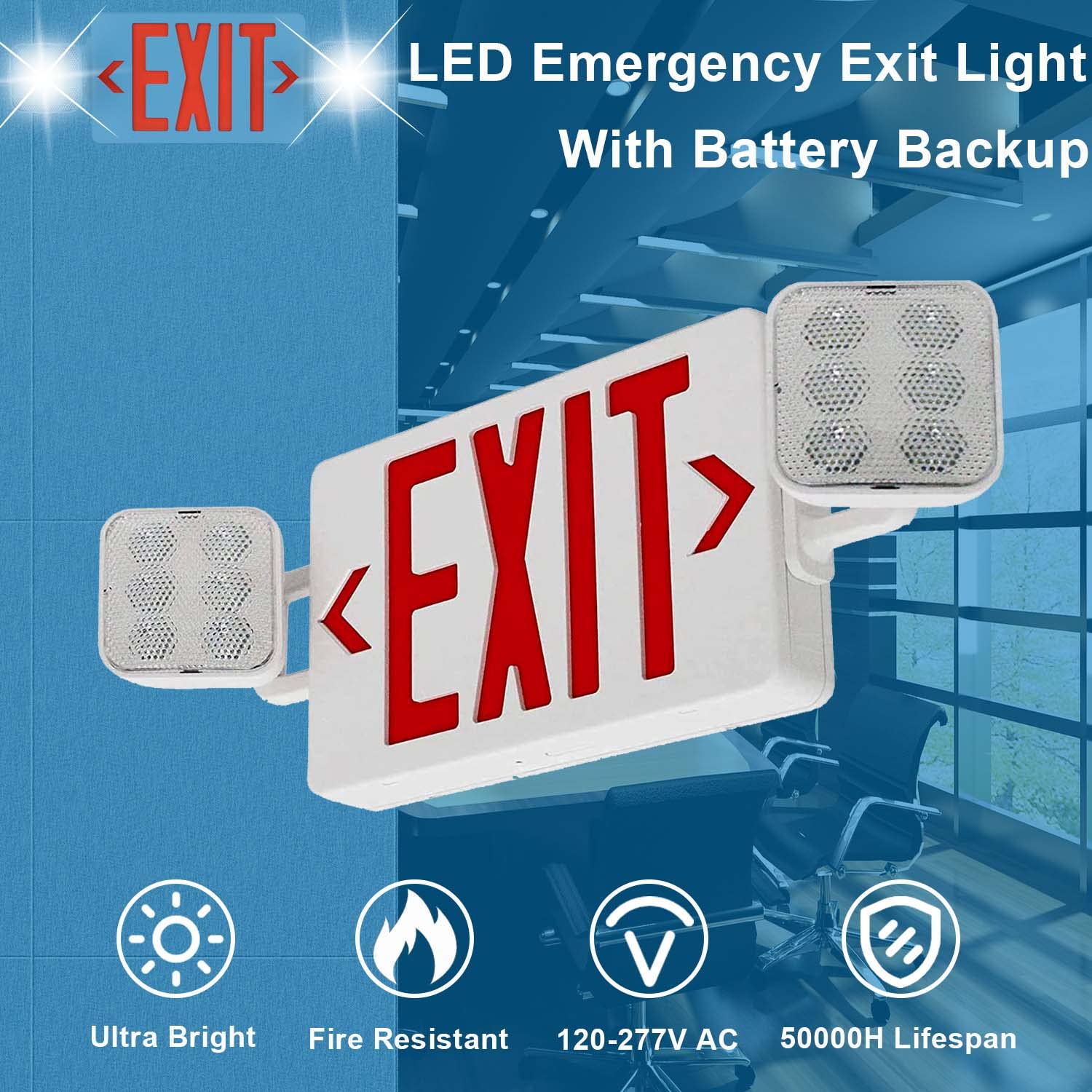 LED Exit Signs with Emergency Lights, Red LED Two Adjustable Head Emergency Exit Light with Backup Battery, AC 120V/277V, ABS Fire Resistant, UL Listed (1Pack)
