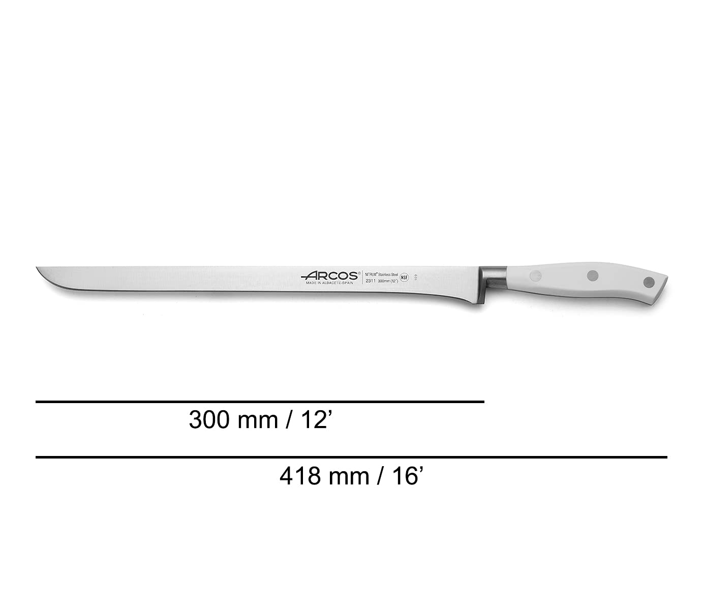 ARCOS Forged Slicing Knife / Ham Knife 12 Inch Nitrum Stainless Steel and 300 mm blade. Ergonomic Polyoxymethylene POM Handle. Series Riviera Blanc. Thin blade with a characteristic smooth edge. Color White.