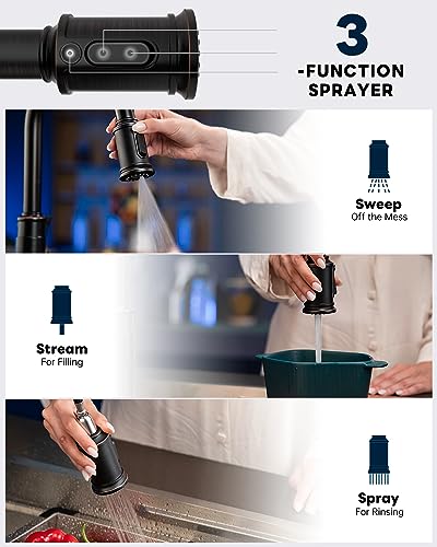 Antique Oil Rubbed Bronze Kitchen Sink Faucet with Soap Dispenser, DAYONE Pull Down Farmhouse Faucet for Sink with 3 Mode Sprayer, Single Handle High Arc, DAY-APS136-ORB