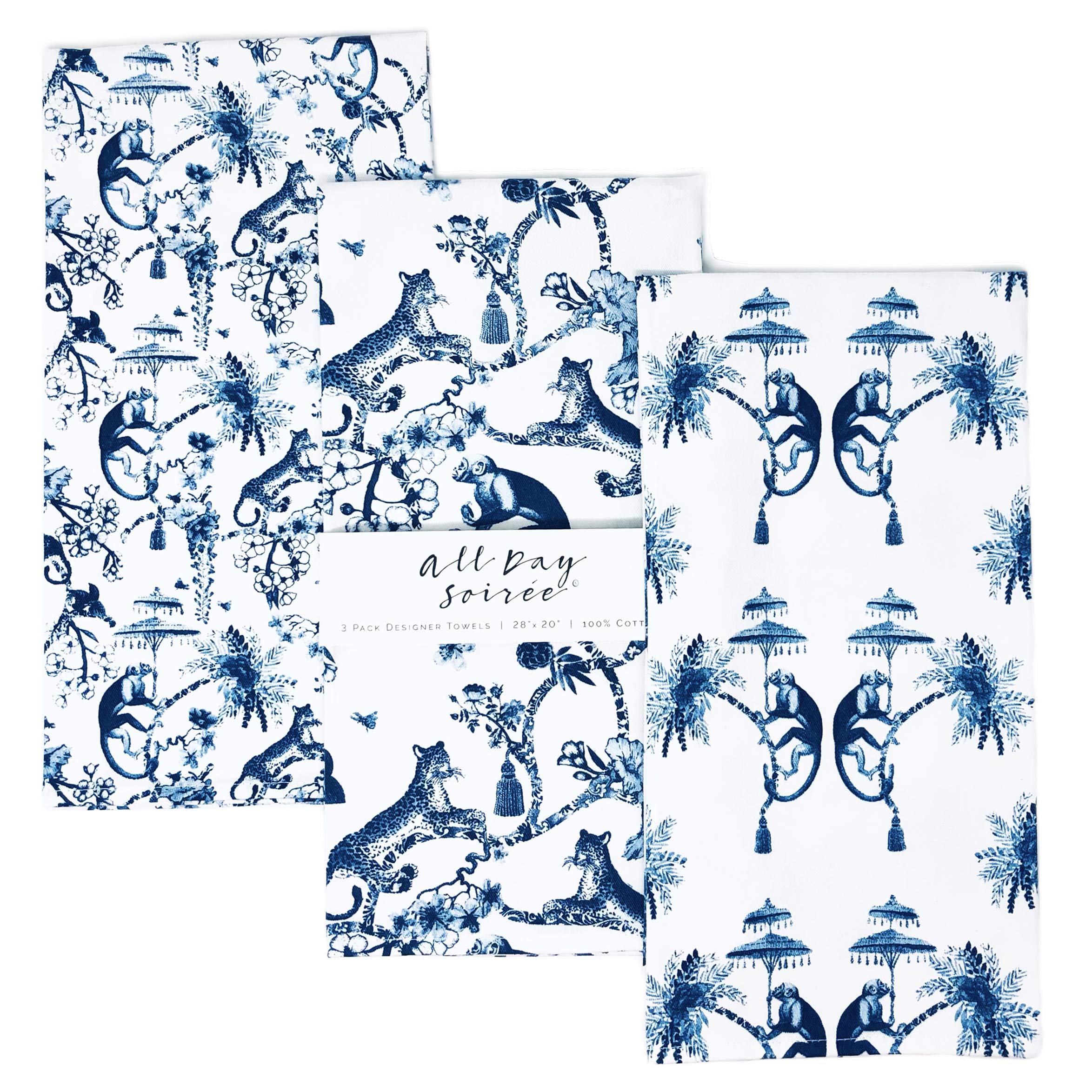 All Day Soirée Chinoiserie Designer Kitchen Tea Towels 3 Pack 100% Absorbent Cotton Tiger Monkey Floral Hand Towel Large Dish Cloth Set Blue White