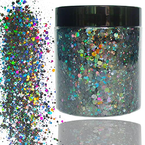 LuckForever 150g Holographic Black Chunky Glitter Flakes Mixed Hexagon Shape Nail Glitters Confetti Craft Sequins Manicure Sticker Accessories for Resin/Crafts/Nails/Body/Makeup