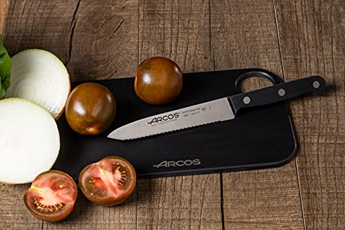 ARCOS Paring Knife 5 Inch Stainless Steel. Serrated Tomato Knife for Cutting and Chopping. Ergonomic Polyoxymethylene Handle and 130mm Blade. Series Universal. Color Black