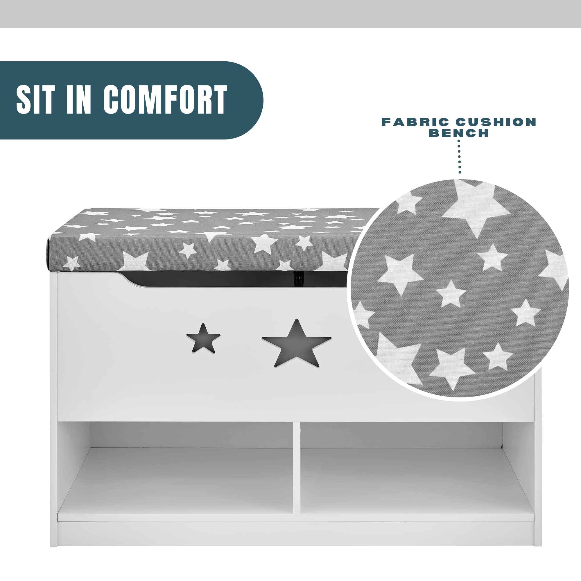 Sturdis Kids Toy Box – Gray & White with Cushion Storage Bench Seat, Toy Storage Chest And Cubby Space For Shoes And Books Organizers