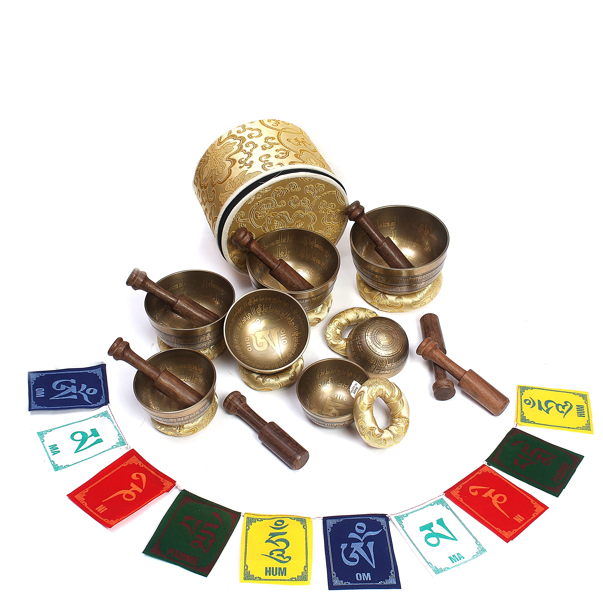 ESK GROUP Tibetan Singing Bowl Set of 7, 3β- 5.2β Om Mane Padme Hum Singing Bowl, Himalayan Singing Bowl, Handmade, w/ silk cushions, 7 sticks, Flag and Silk Brocade Box, ESK-06