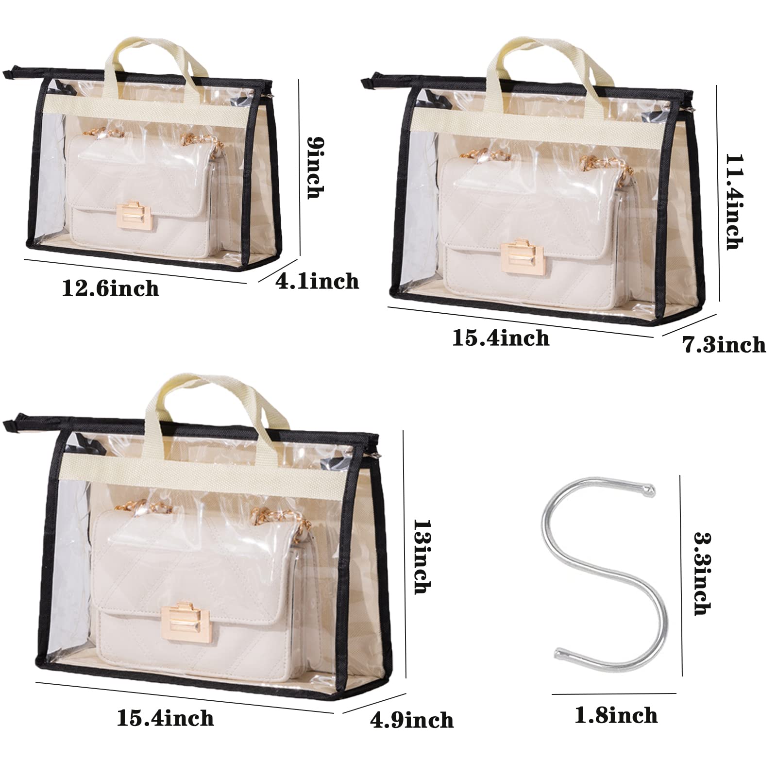 DOUBFIVSY 6 Pack Handbag Dust Bags, Transparent Handbag Storage Organizer Clear Purse Dust Cover for Closet Purse Protector Storage Bag with Zipper, Handles, 6pcs S Shaped Hooks (4)