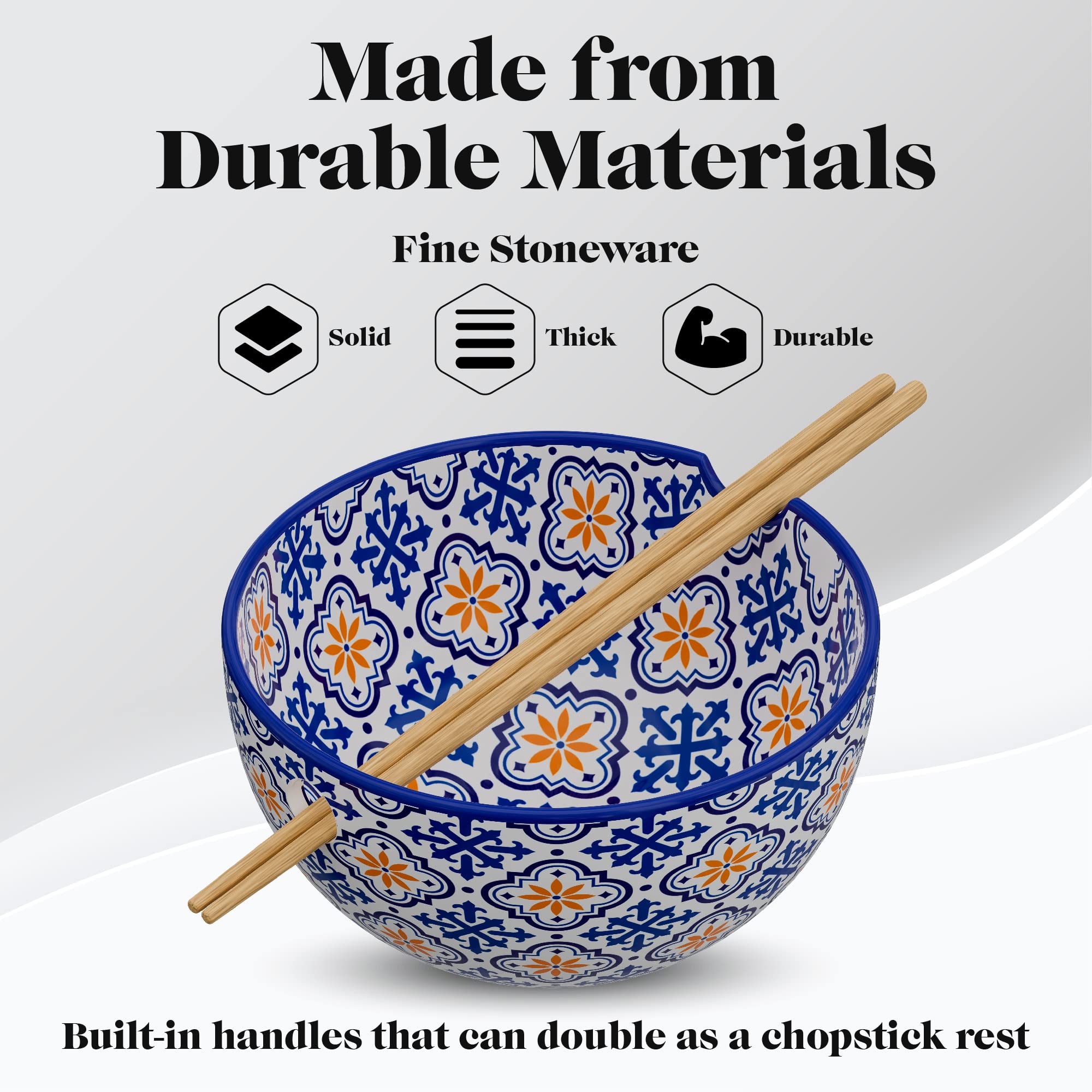 American Atelier Ramen Bowl with Chopsticks | Set of 2 | Soup Bowls for Kitchen | Udon Noodle Bowls with Chopsticks | Stoneware Soup Bowl | 6" Diameter (21 Oz) - Medallion Blue & Orange Design