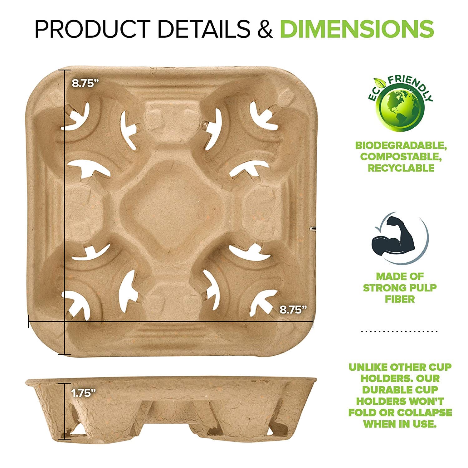 4 Cup Disposable Coffee Tray (50 Count) - Biodegradable and Compostable Cup Holder - Durable Drink Carrier for Hot or Cold Drinks - to Go Coffee Cup Holder for Food Delivery Service, Uber Eats