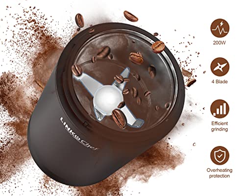 Coffee Grinder with Brush, LINKChef 200W Spice Grinder with Stainless Steel Blade for Seed Bean Nut Herb Pepper & Grain, Lid Activated Safety Switch, Brown, CG-8420
