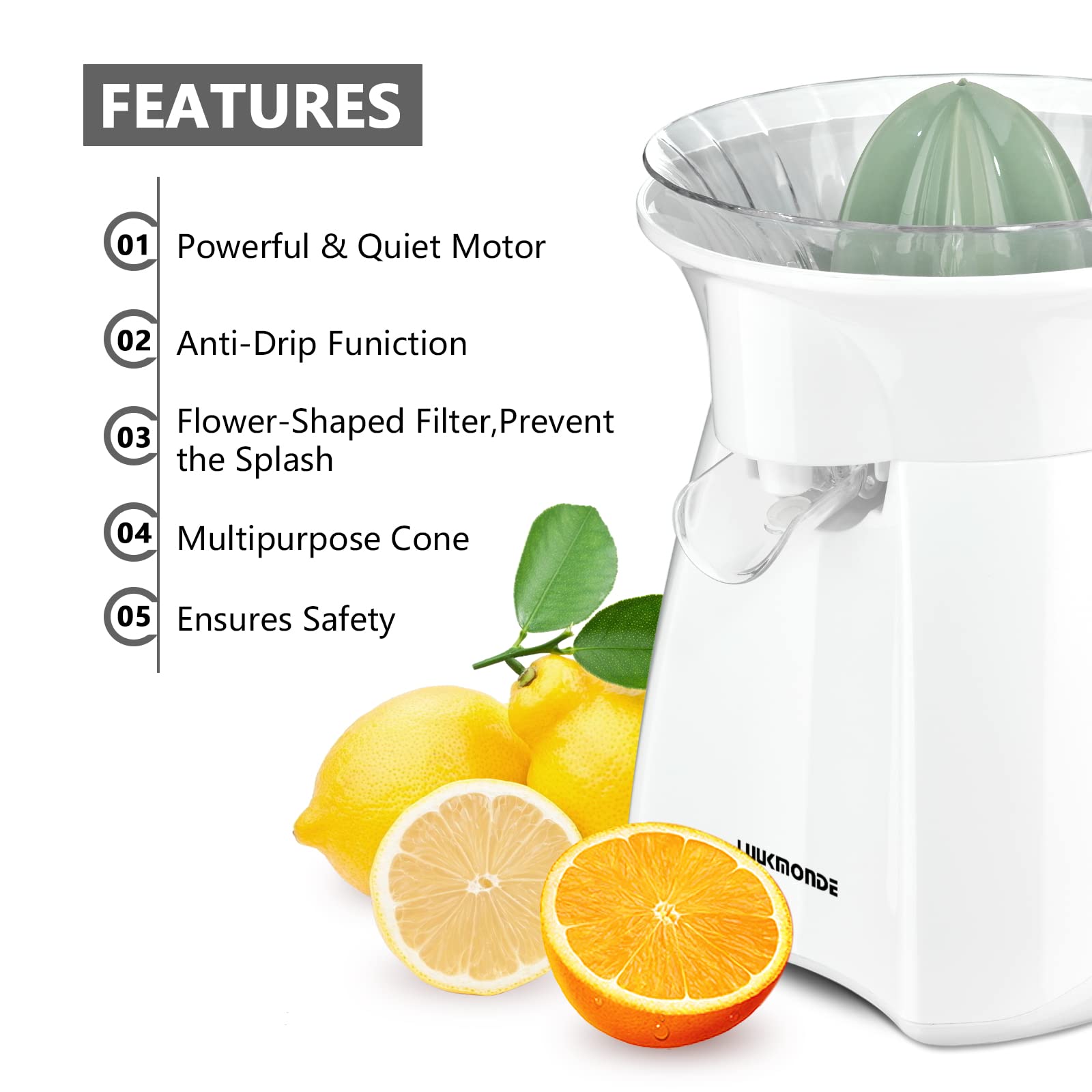 LUUKMONDE Electric Citrus Juicer, Orange Juicer with Lockable Spout, Citrus Press Juice Extractor, Electric Lemon Squeezer Fruit Presses for Orange Lemon Lime Grapefruit, (White)