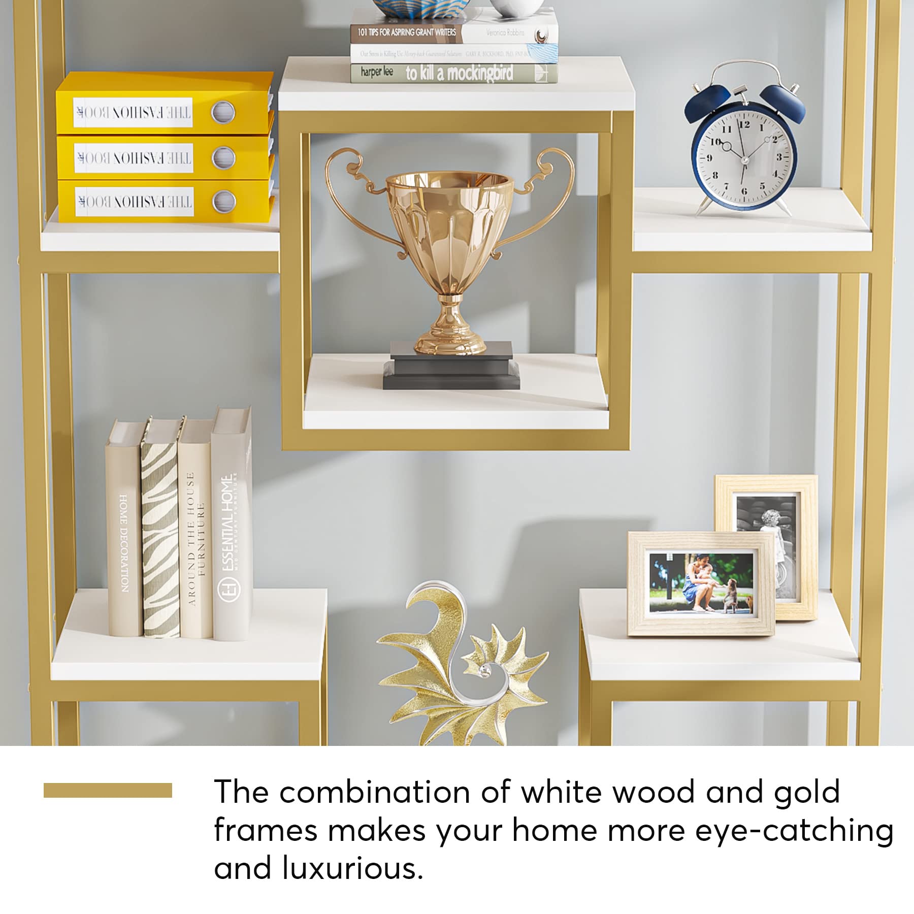 Tribesigns 71" Gold Etagere Bookshelf, Modern 11-Tier Tall Open Display Bookcase Bookshelves, Free Standing Book Shelf for Living Room, Bedroom, Home Office, Gold & White