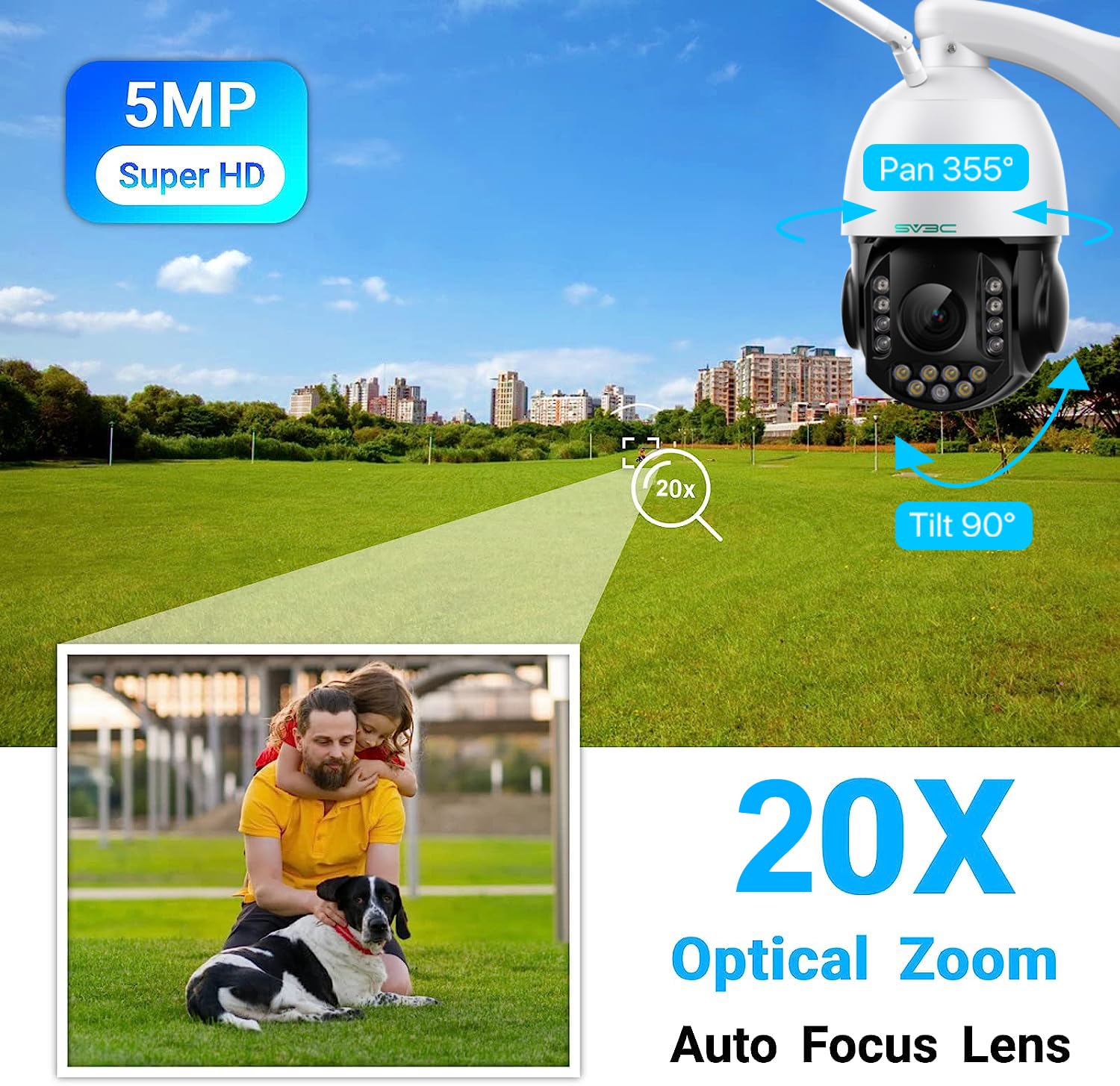 SV3C PTZ Security IP Camera Outdoor, 20X Optical Zoom 5MP Dual Band 2.4G 5GHZ WiFi Home Cameras Support Onvif, RTSP Browser Viewing, Humanoid Detect, Metal Shell Waterproof, 2-way Audio,SD Card Record