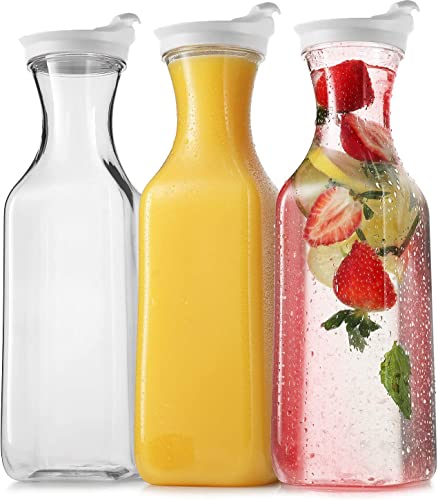 DilaBee Plastic Water Pitcher With Lid (50 Oz) Square Carafe Pitchers for Drinks, Milk, Smoothie, Iced Tea, Mimosa Bar Supplies - Juice Containers with Lids for Fridge - Food Grade BPA-Free (3-Pack)