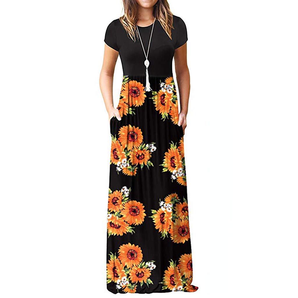 F_Gotal Clearance Womens Dresses Summer Casual O Neck Floral Mini Swing Dress Sleeveless Beach Sundress Party Cocktail Black