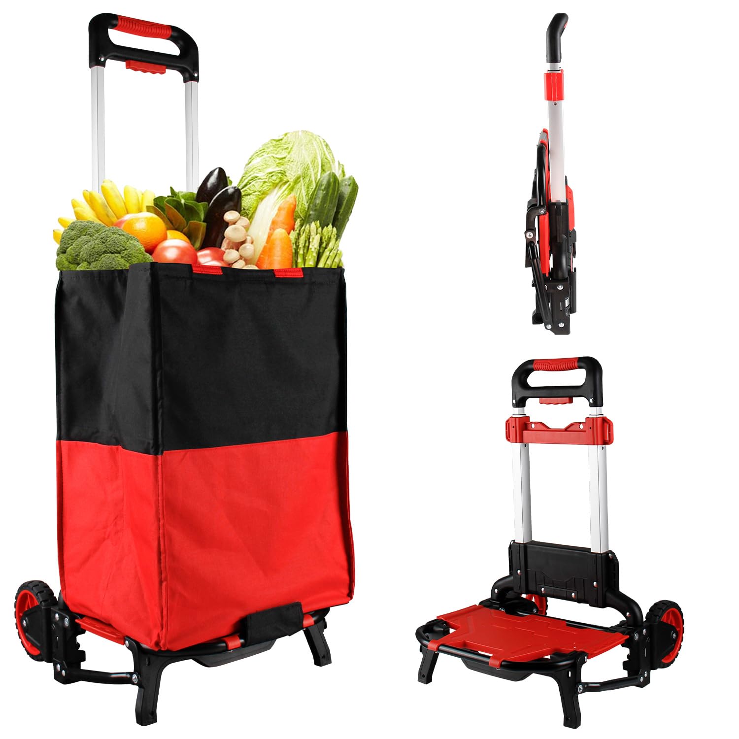 APOXCON Folding Shopping Cart with Removable Waterproof Bag and Bungee Cord, Heavy Duty Push Cart with Mute Wheels, Portable Hand Truck for Shopping, Groceries, Travel and Office Use