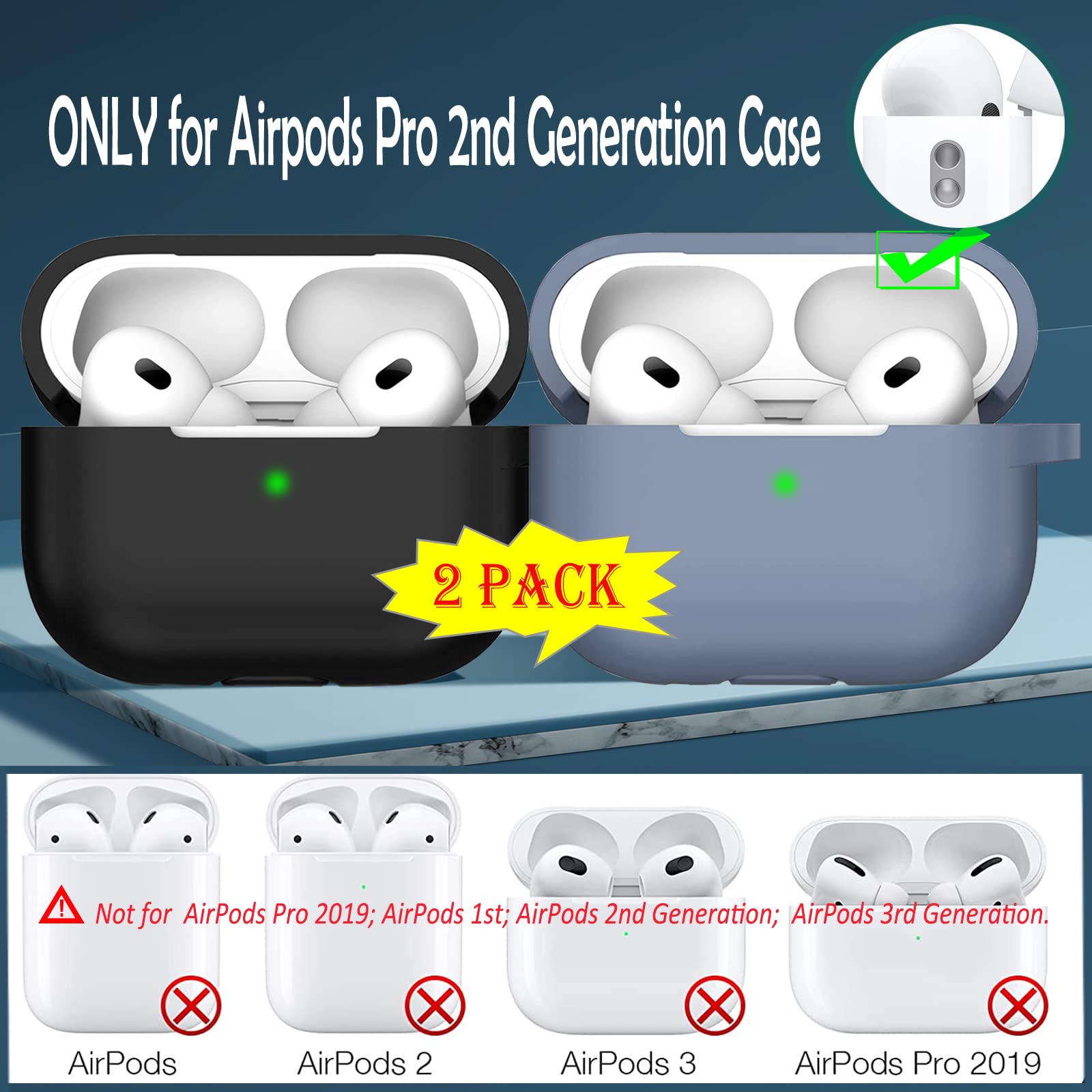 Airpods Pro 2nd/1st Generation Case 2022/2019, Coffea Soft Silicone Protective Case Cover for New Apple Airpods Pro 2 Case & AirPods Pro Case (2 Pack) [Front LED Visible]