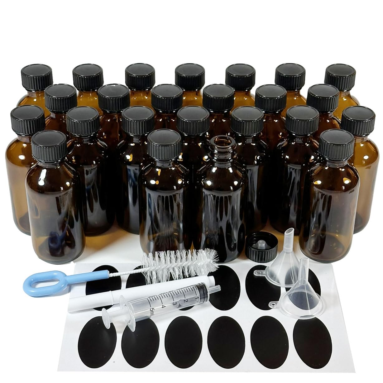 PIPIBA 24Pack 2oz (60ml) Boston Glass Bottle. Essential Oil Bottle With Lid. For Perfume, Aromatherapy, Lab Refillable Sample Vials (Amber)