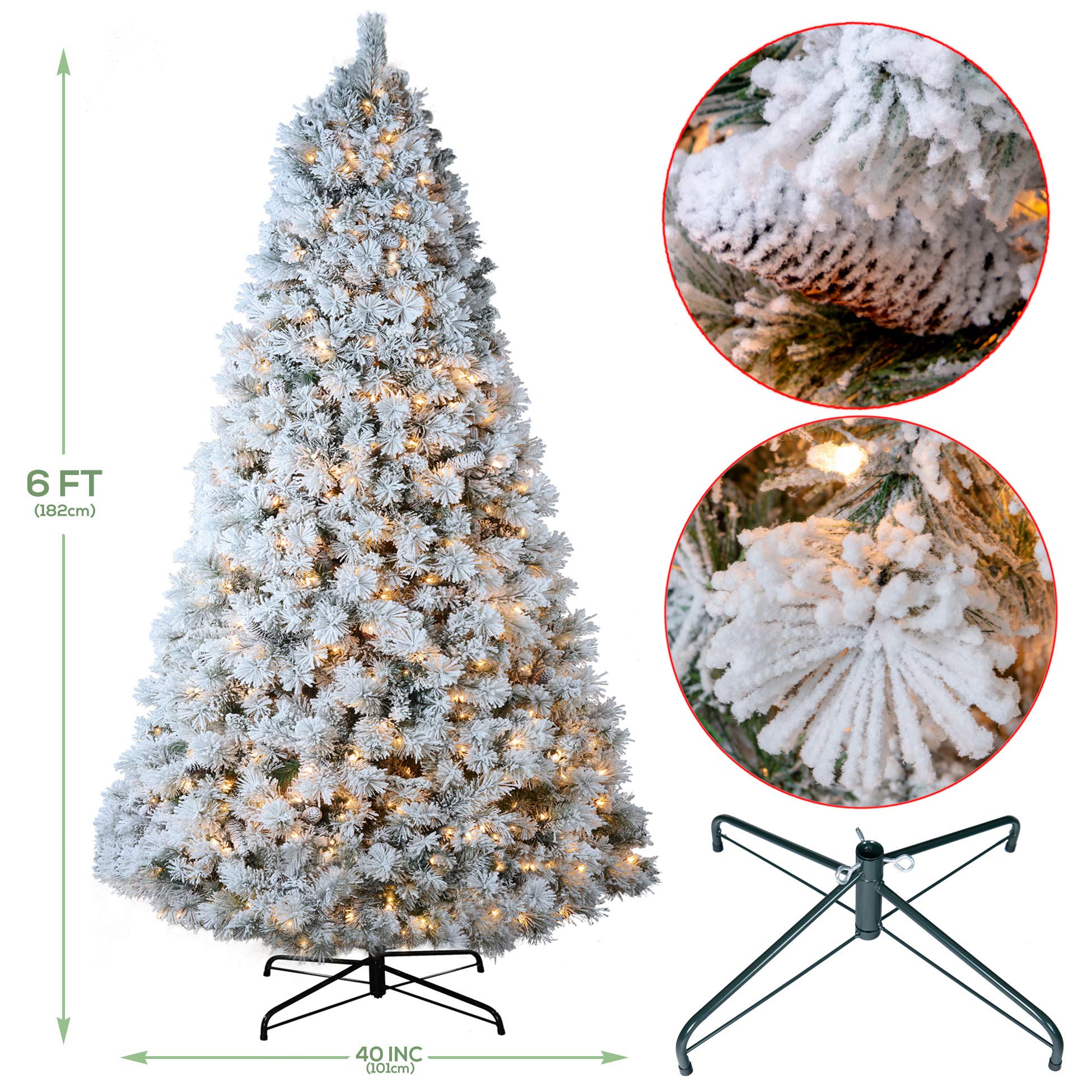 AMERZEST Spruce 6ft Pre-Lit Snow Flocked Christmas Tree,300 Warm Lights,Artificial Trees Pinecone Decor…