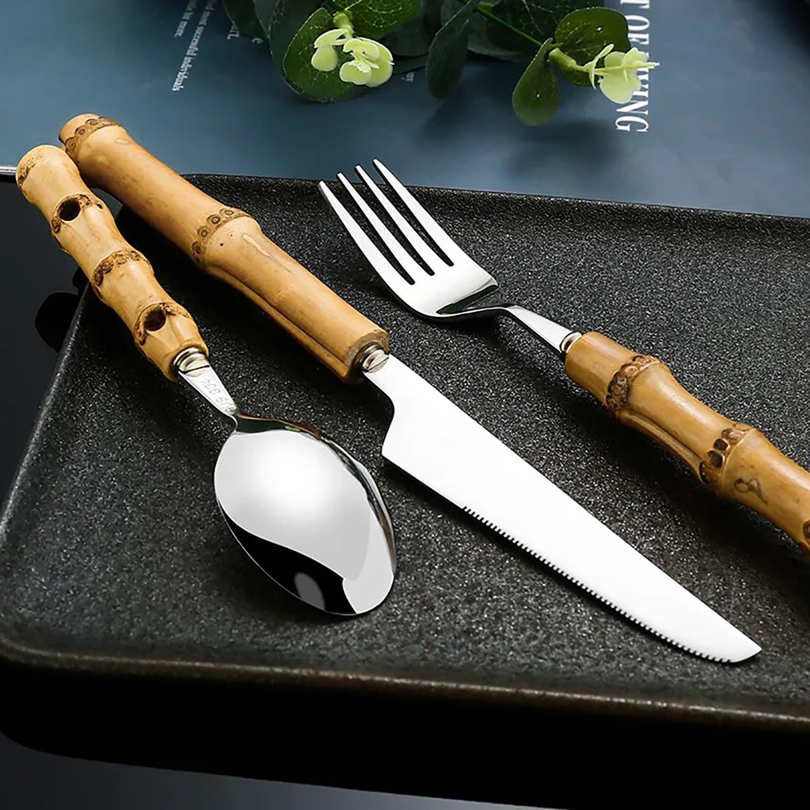 bamboo cutlery set,30-piece bamboo silverware set,bamboo handle flatware, bamboo 18/10 flatware service for 6, bamboo forks and spoons for eating,dishwasher safe (30 piece for 6)