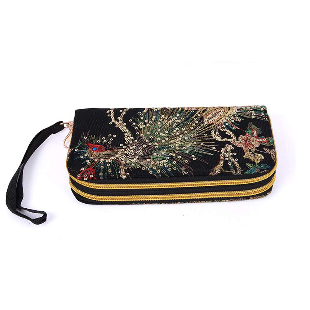 Ethnic Minority Style Double-Sided Embroidered Wallet, Special Peacock Embroidery, Long Zipper, Hand Wallet Mobile Phone Bag (Black)