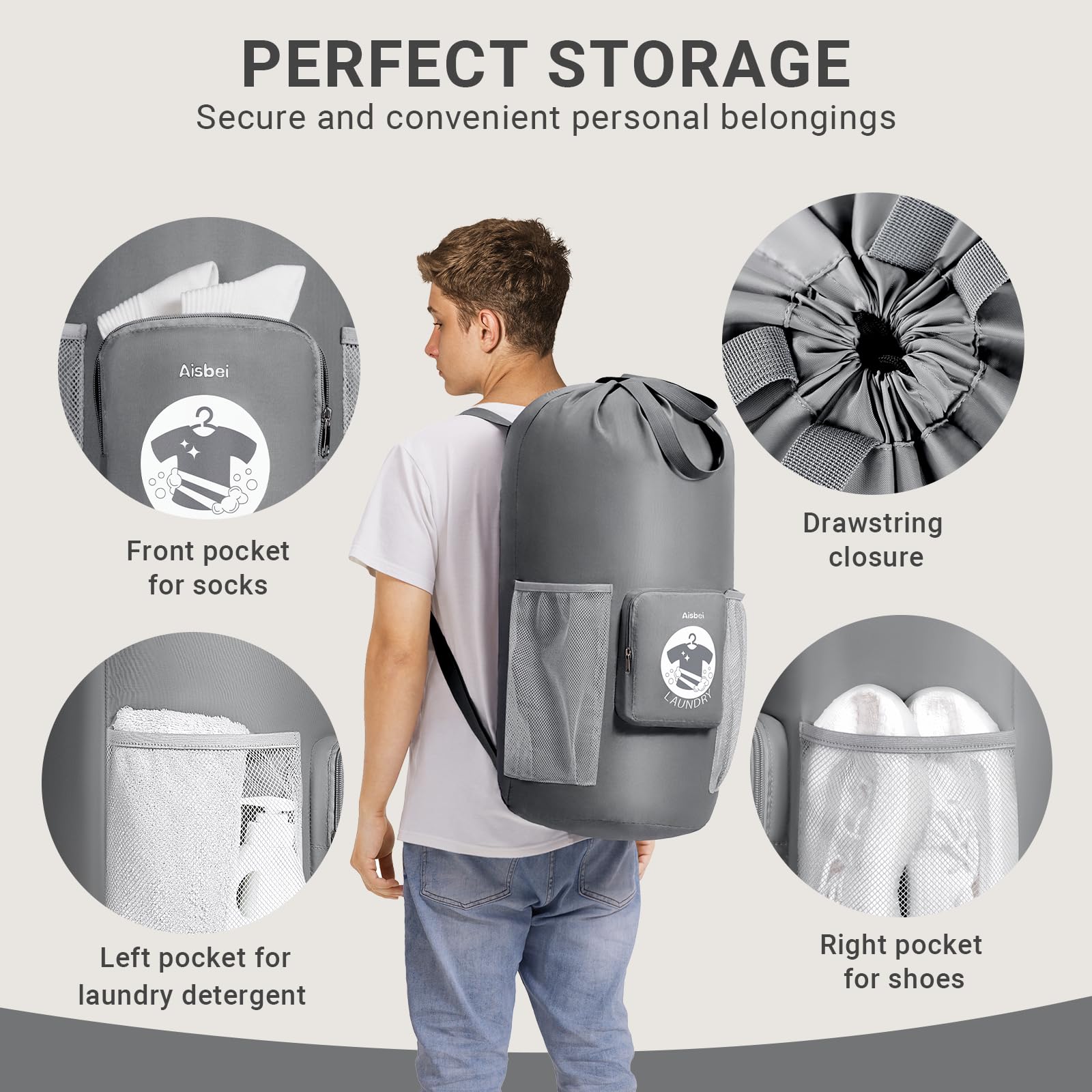 Aisbei 100L Foldable Laundry Bag Backpack with Chest Straps-Large Travel Laundry Bag for Dirty Clothes-Laundry Hamper Bag for College Apartment Laundromat Dorm Room Camping Essentials(Grey)