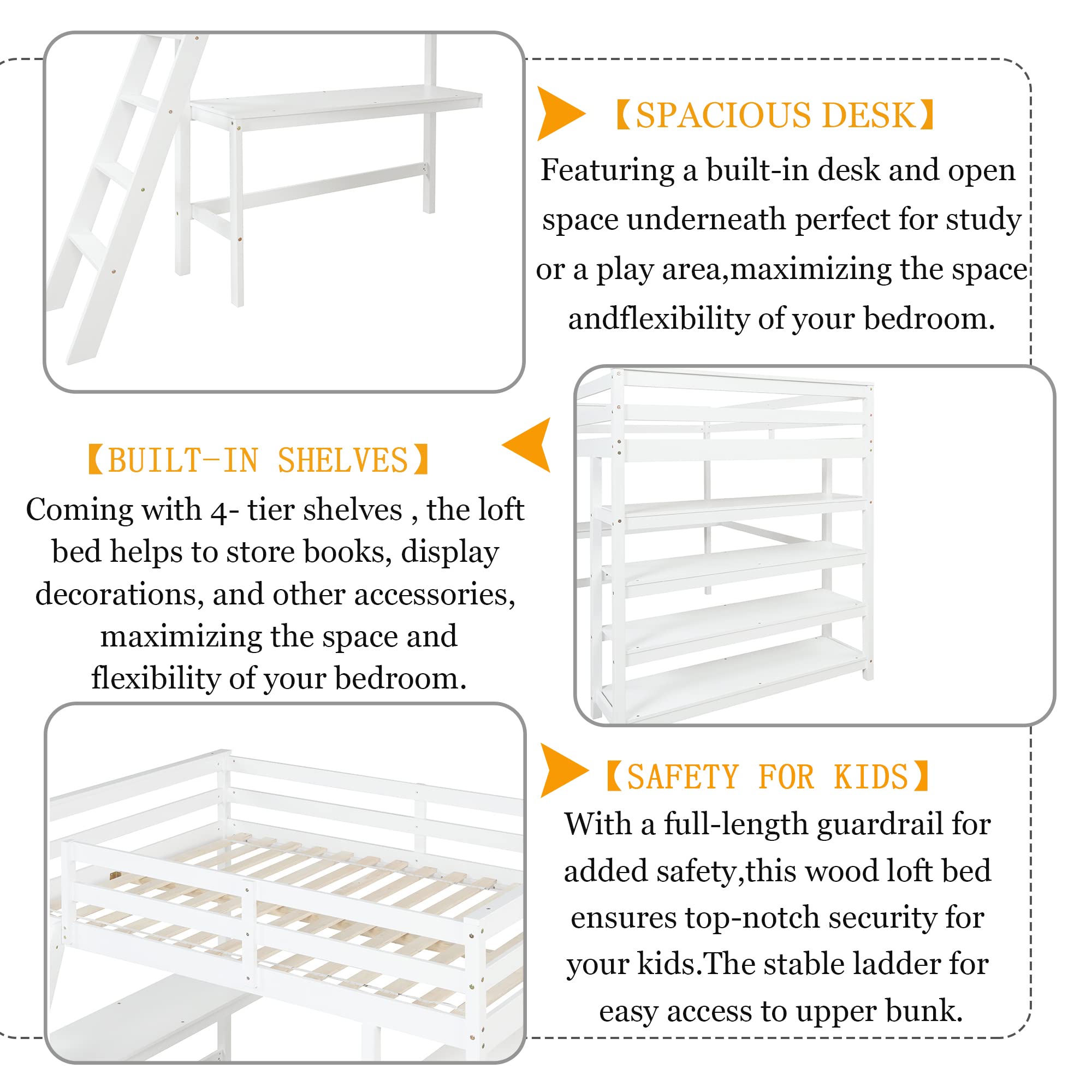 Harper & Bright Designs Twin Size Loft Bed with Desk Underneath Twin Loft Bed with Shelves and Ladder, Wood Loft Bed Twin for Kids Girls Boys,White