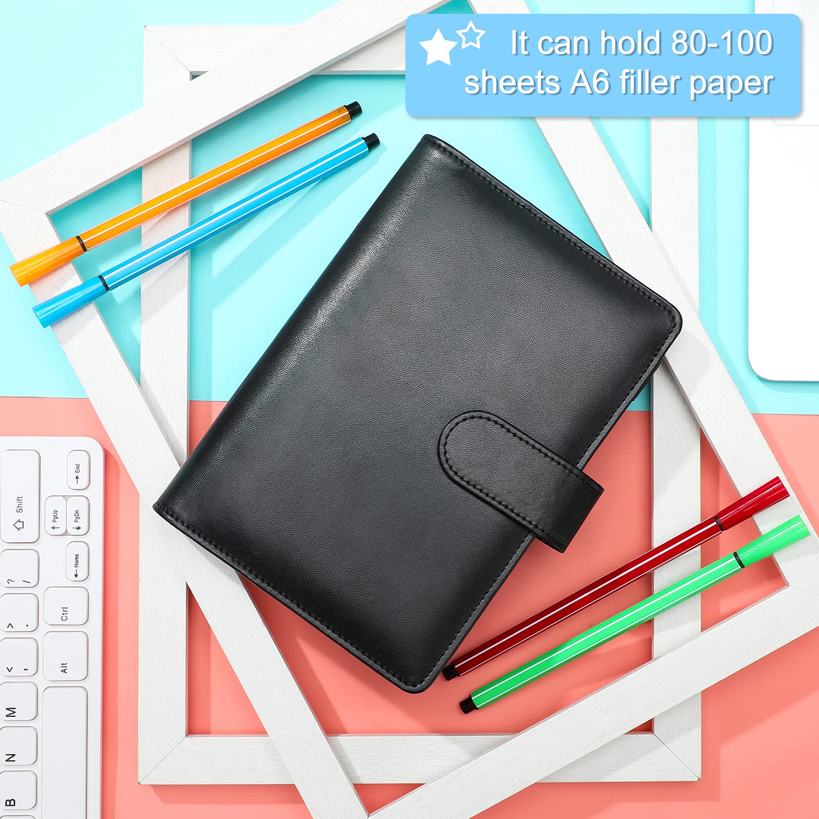 6 Pieces A6 PU Leather Notebook Binder Refillable 6 Rings Binder Cover Loose Leaf Personal Planner with Magnetic Buckle Closure (Pink, Green, Purple, Sky Blue, Yellow, Black)