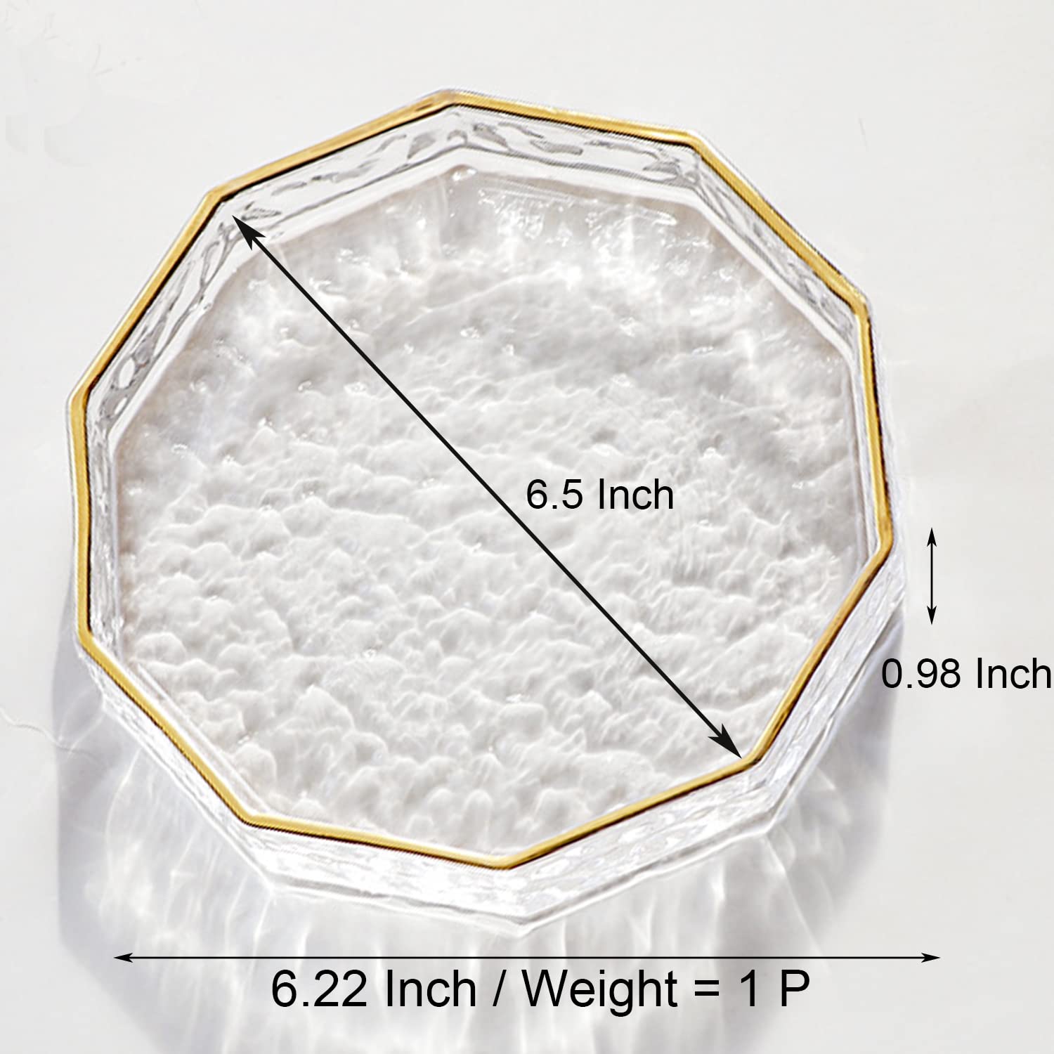 7 Inch Decagon Glass Tray with Gold Rim, Clear Hammered Vanity Makeup Tray with 1” Wall, Thick Decorative Dresser Bathroom Tray Perfume Display Tray Cosmetic Tray for Tabletop Countertop S, Halyuhn