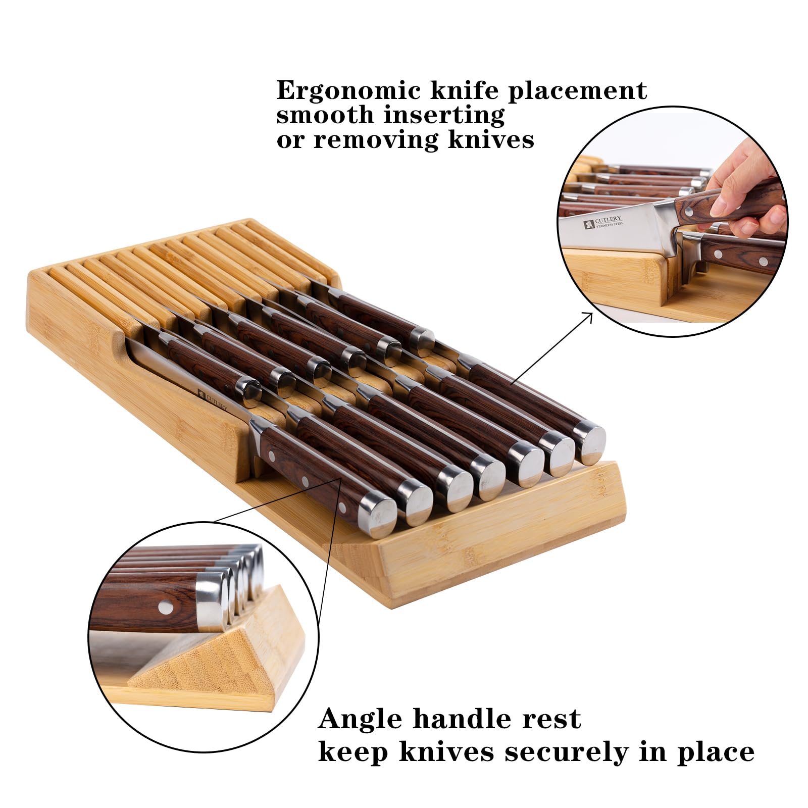 Bamboo Kitchen Drawer Knife Block, In drawer Knife Holder, Knife Drawer Organizer fit for 13 knives