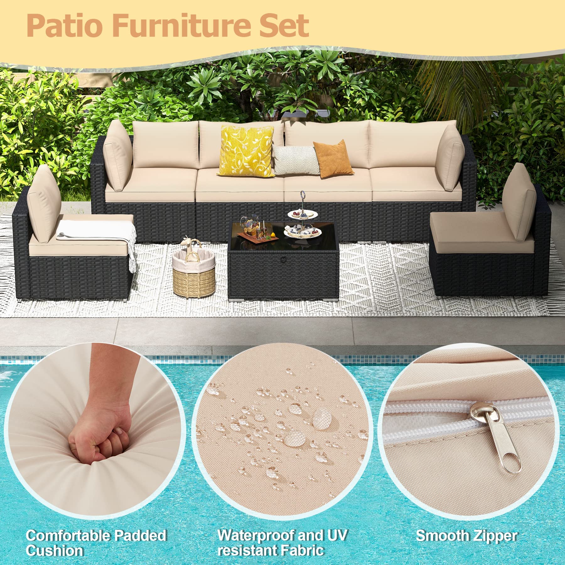 RYNSTO 7 Piece Patio Furniture Set with Adjustable Bracket Brown Rattan Wicker Patio Conversation Sets Sectional Sofa Set with Table and Cushions for Porch Lawn Garden, Beige