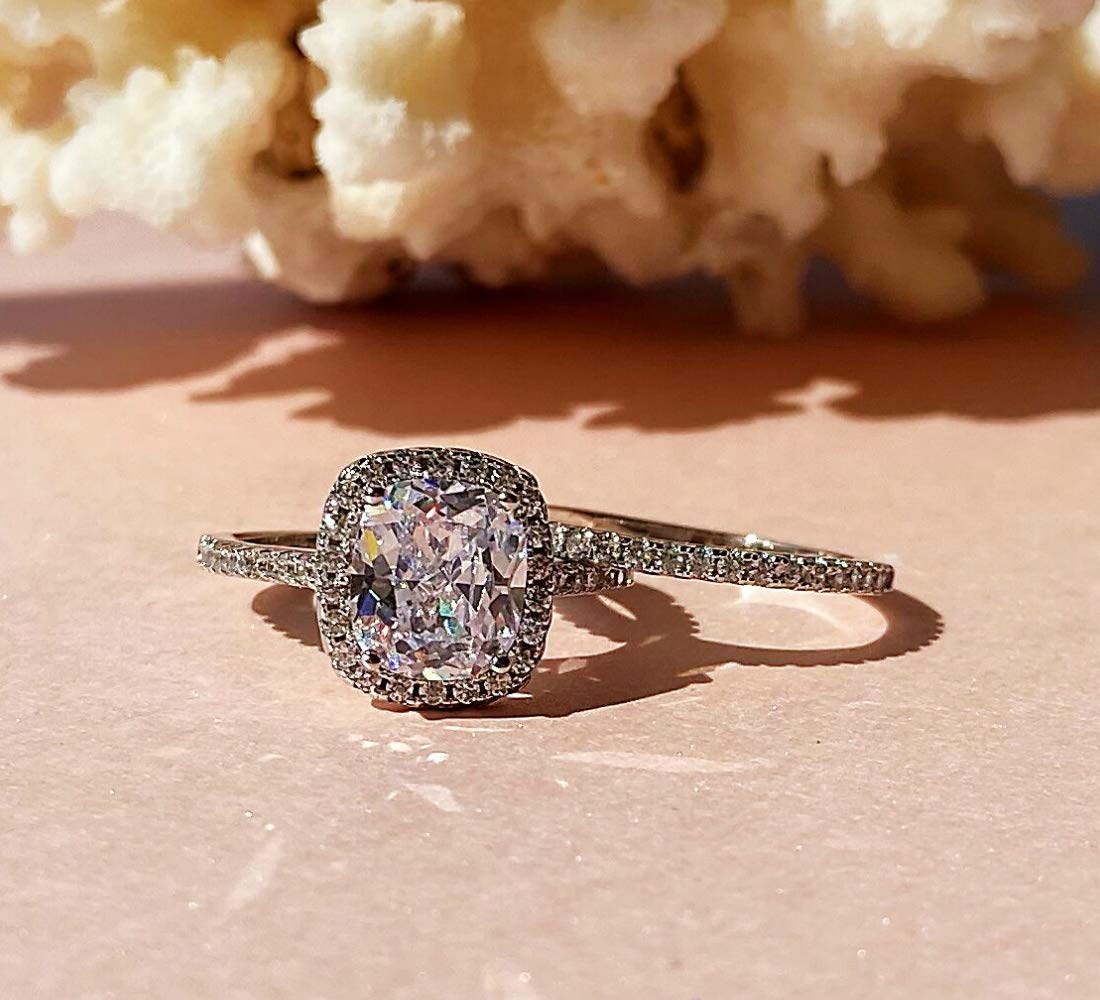 Accented Cushion Cut Halo Engagement Ring Stackable Eternity Wedding Band Micropave Solitaire Bridal Ring Set (7)