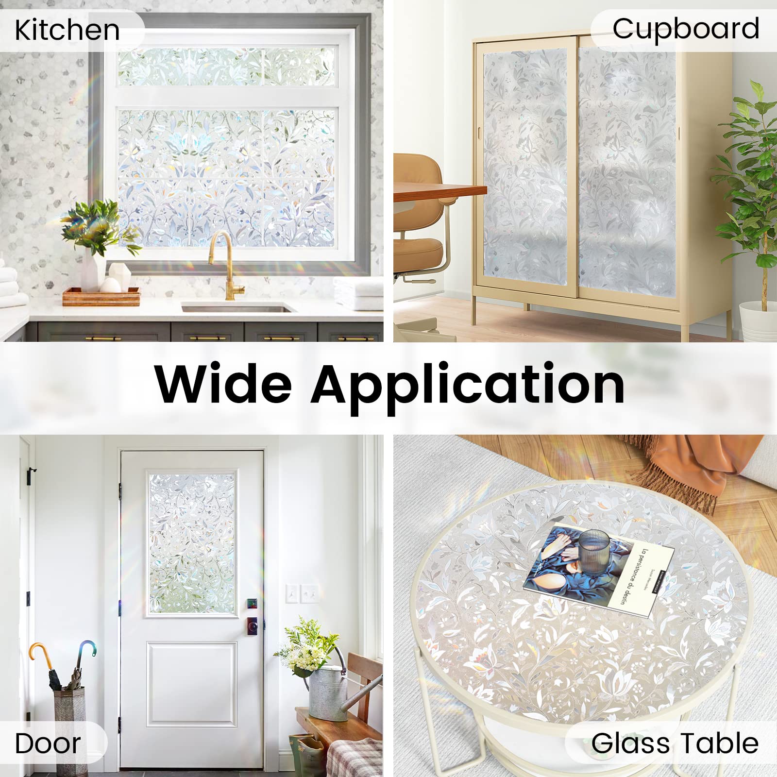 DOWELL Window Privacy Film, 3D Stained Glass Rainbow Window Decals, Decorative Window Vinyl Sun Blocker Door Covering, Static Cling Non-Adhesive Window Sticker for Home, Blooming Flowers, 17.5"x78.7"