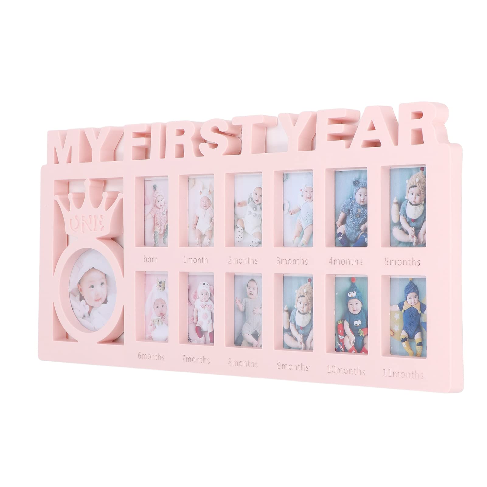 CHICIRIS Newborn Baby First Year Picture Frame with 12 Month Slots, Baby Monthly Collage Keepsake Frame for Photo Memories, White(pink)